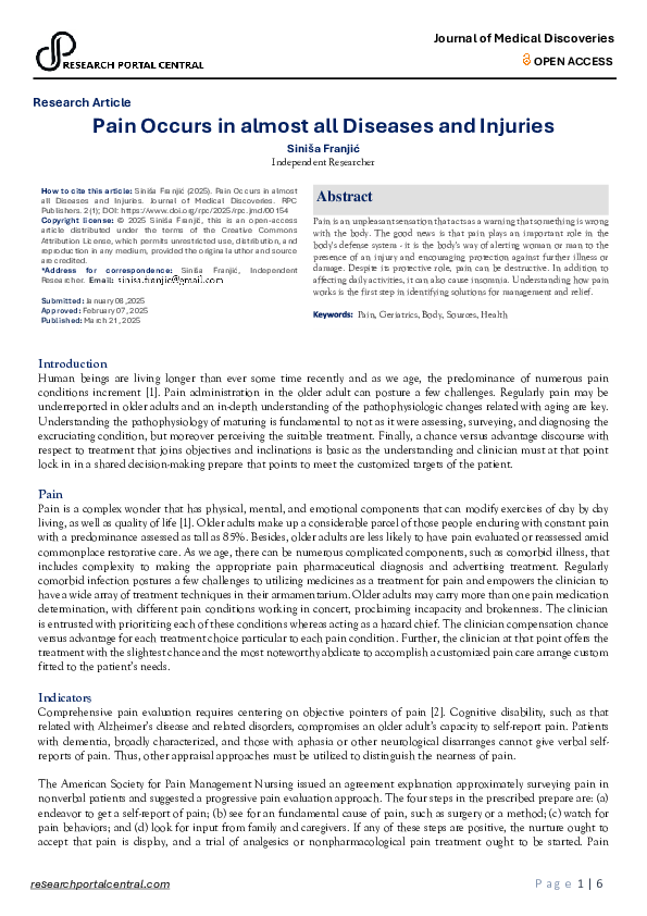 (PDF) Pain Occurs in almost all Diseases and Injuries