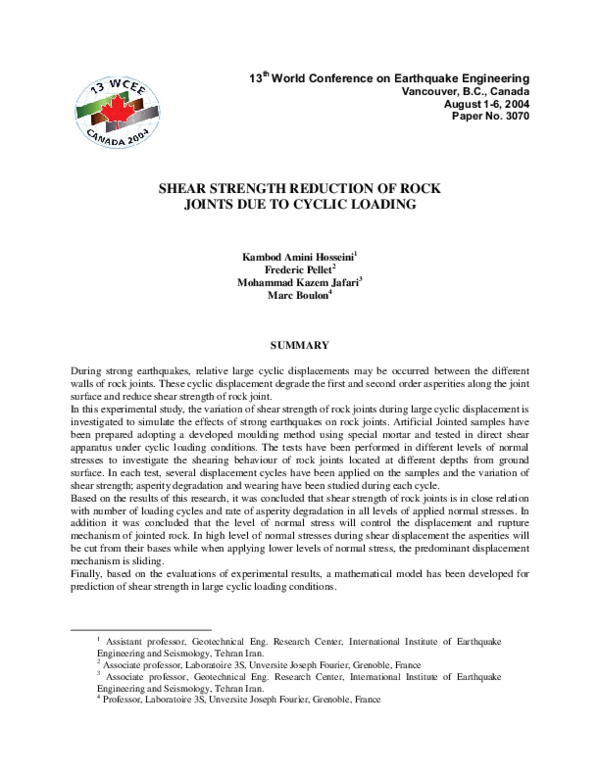 (PDF) Shear Strength Reduction of Rock Joints Due to Cyclic Loading