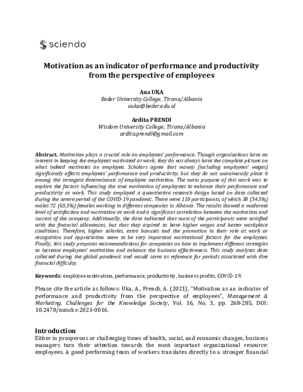 (PDF) Motivation as an indicator of performance and productivity from ...