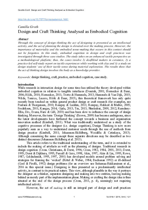 (PDF) Design- and Craft thinking analysed as Embodied Cognition