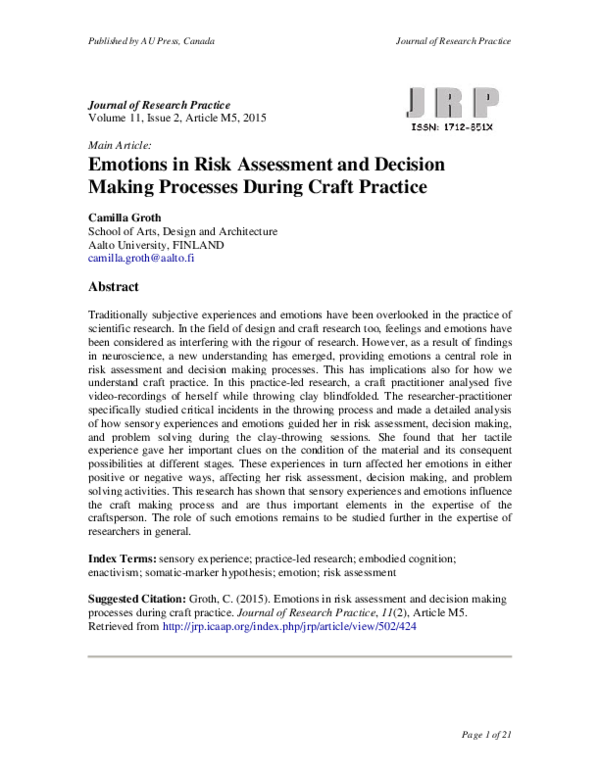 (PDF) Emotions in Risk Assessment and Decision Making Processes During ...