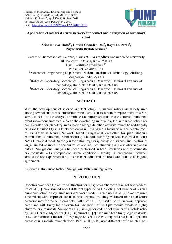 (PDF) Application of artificial neural network for control and navigation of humanoid robot