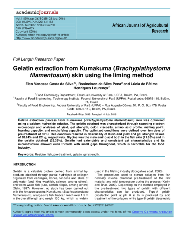 (PDF) Gelatin extraction from Kumakuma (Brachyplathystoma filamentosum ...