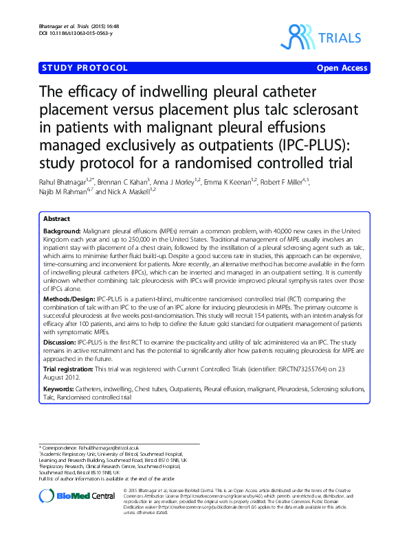 (PDF) The efficacy of indwelling pleural catheter placement versus ...