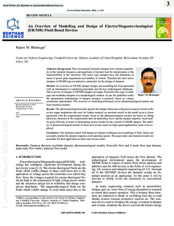 An Overview of Modelling and Design of Electro/Magneto-rheological (ER ...