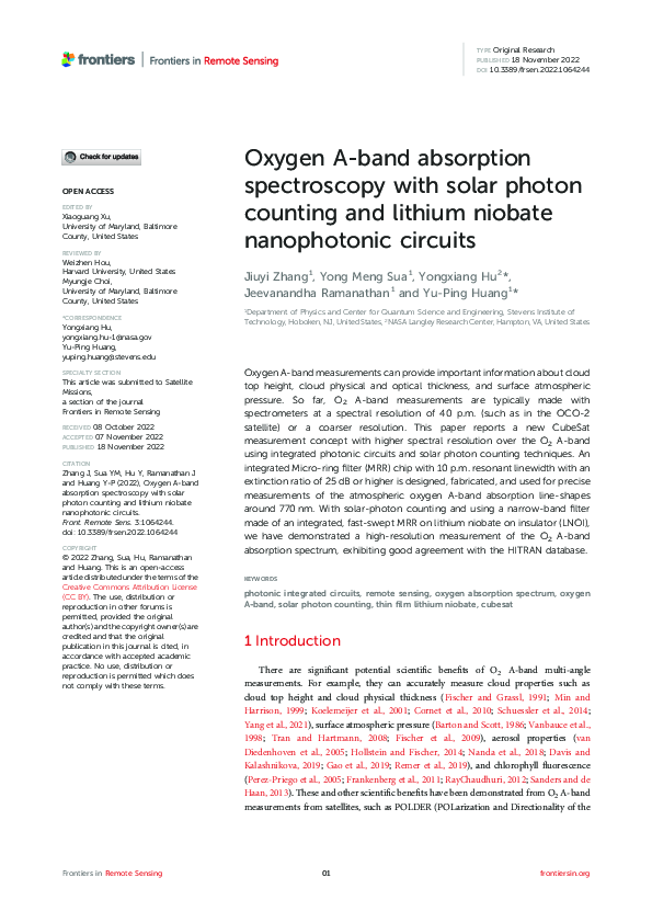 (PDF) Oxygen A-band absorption spectroscopy with solar photon counting ...