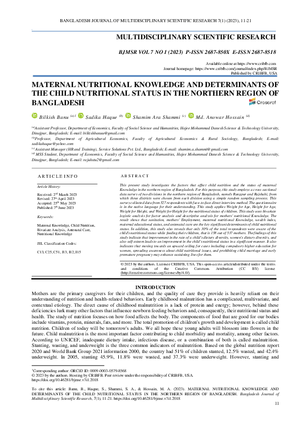 (PDF) MATERNAL NUTRITIONAL KNOWLEDGE AND DETERMINANTS OF THE CHILD NUTRITIONAL STATUS IN THE ...