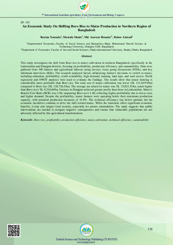 (PDF) An Economic Study On Shifting Boro Rice to Maize Production in Northern Region of Bangladesh
