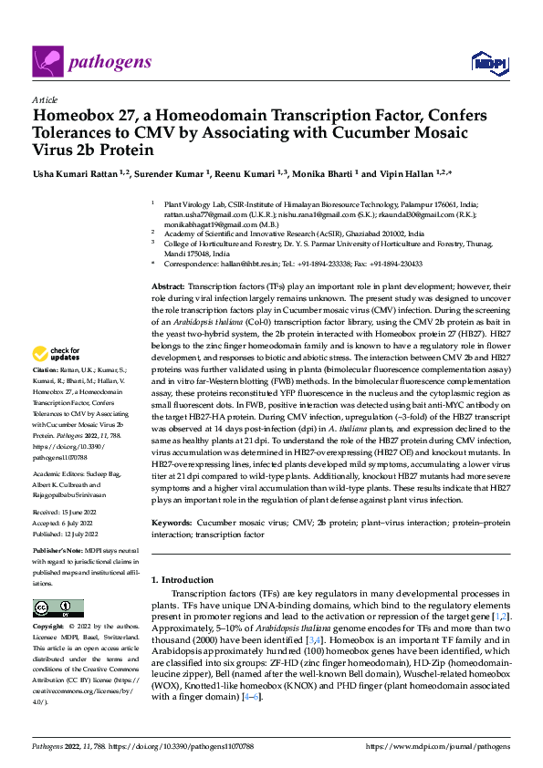 Homeobox 27, a Homeodomain Transcription Factor, Confers Tolerances to ...