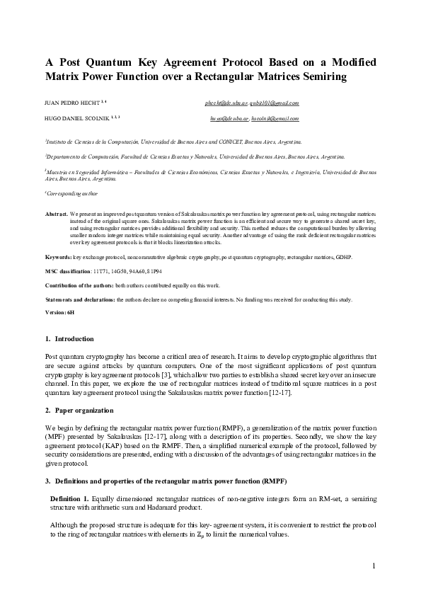 (PDF) A Post Quantum Key Agreement Protocol Based on a Modified Matrix Power Function over a ...