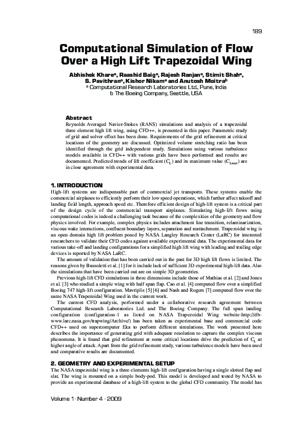 (PDF) Computational Simulation of Flow Over a High Lift Trapezoidal Wing