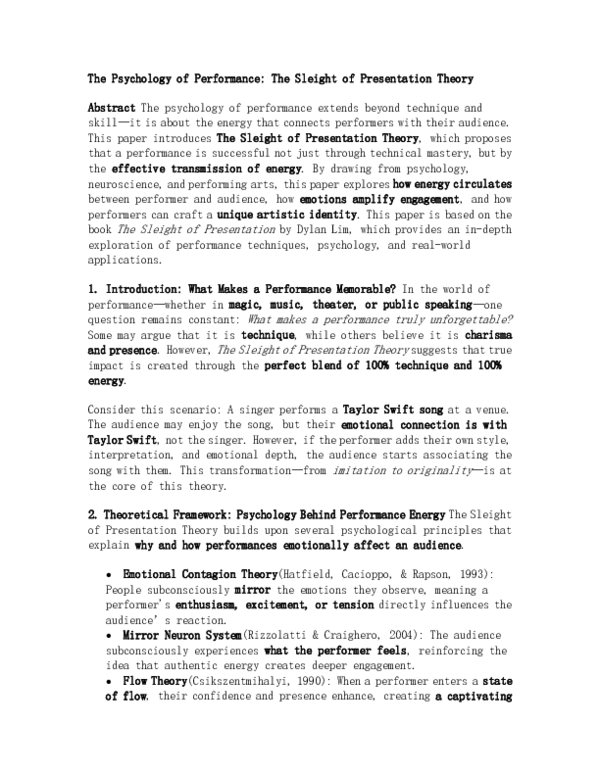 (PDF) The Psychology of Performance: The Sleight of Presentation Theory