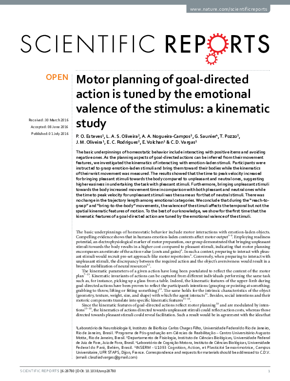 (PDF) Motor planning of goal-directed action is tuned by the emotional ...