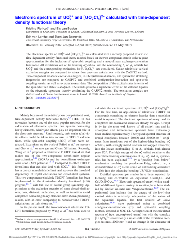(PDF) Electronic spectrum of UO22+ and [UO2Cl4]2− calculated with time-dependent density ...