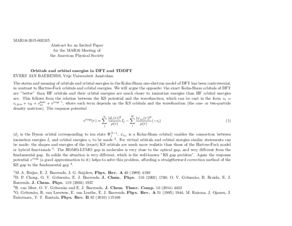 (PDF) Orbitals and orbital energies in DFT and TDDFT