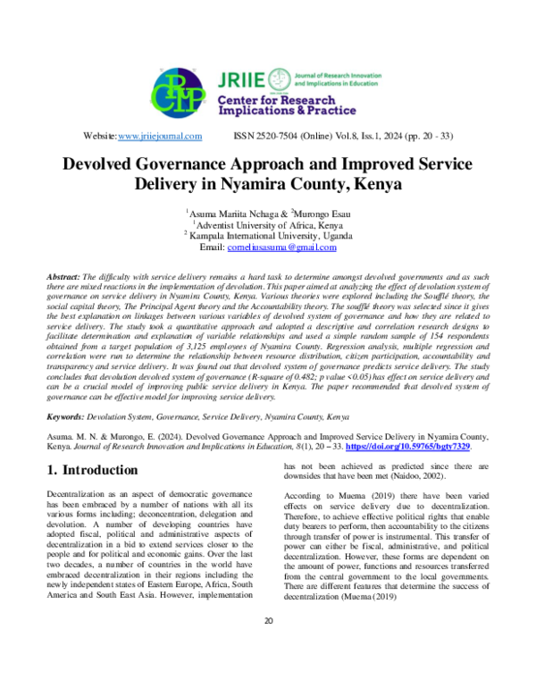 (PDF) Devolved Governance Approach and Improved Service Delivery in Nyamira County, Kenya