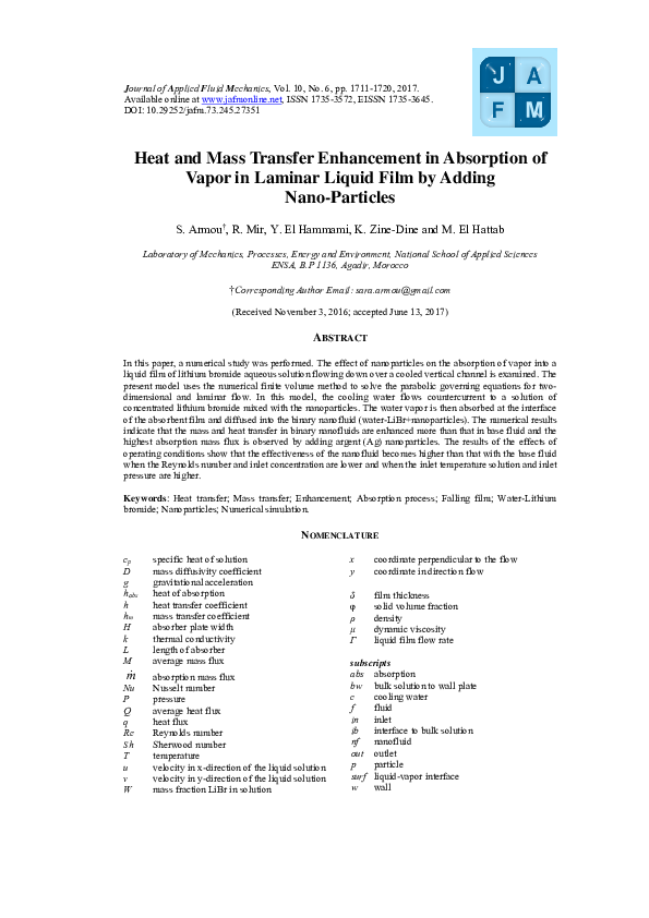 (PDF) Heat and Mass Transfer Enhancement in Absorption of Vapor in Laminar Liquid Film by Adding ...