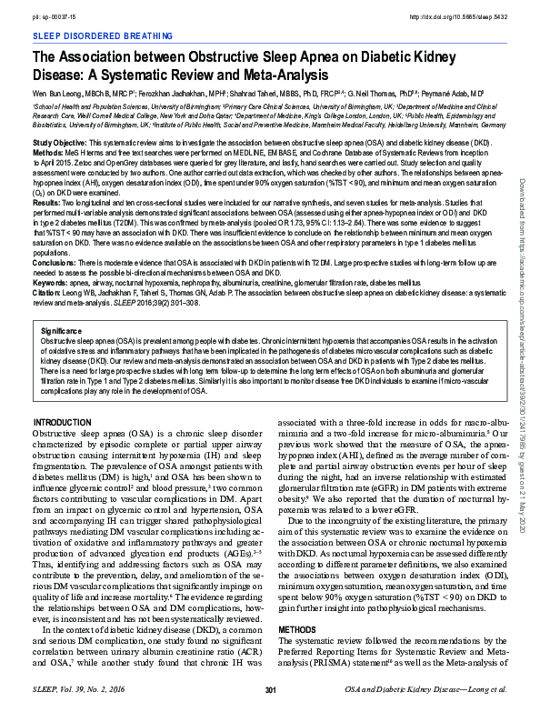 (PDF) The Association between Obstructive Sleep Apnea on Diabetic Kidney Disease: A Systematic ...