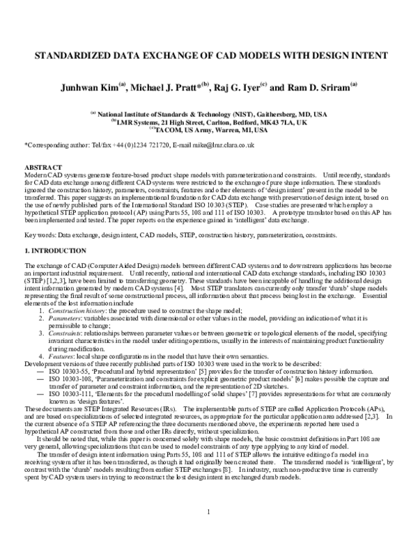 (PDF) Standardized Data Exchange of CAD Models with Design Intent | NIST