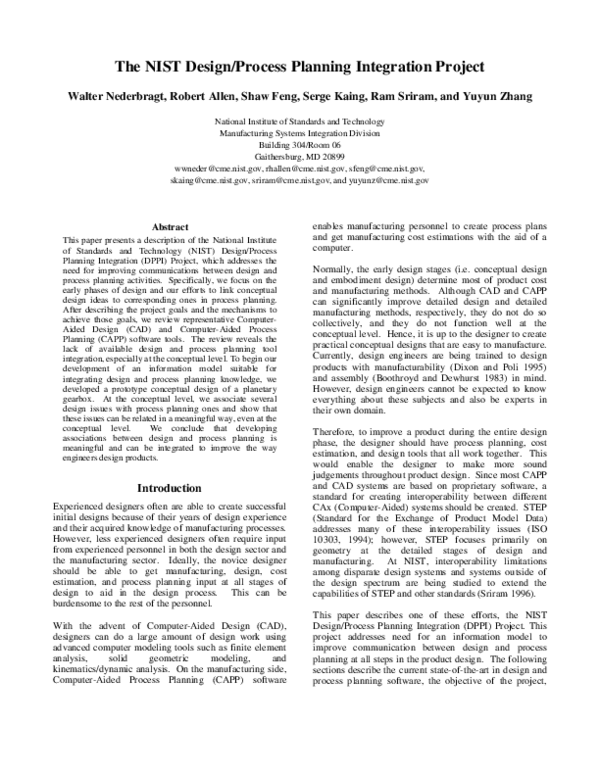 (PDF) The NIST design/process planning integration project