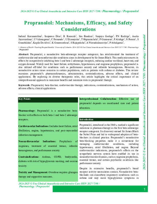 (PDF) Propranolol: Mechanisms, Efficacy, and Safety Considerations