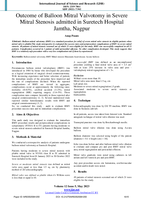 (PDF) Outcome of Balloon Mitral Valvotomy in Severe Mitral Stenosis ...