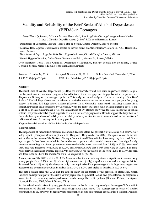 (PDF) Validity and Reliability of the Brief Scale of Alcohol Dependence ...