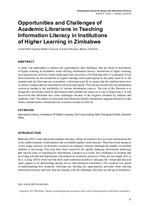 (PDF) Opportunities and Challenges of Academic Librarians in Teaching ...
