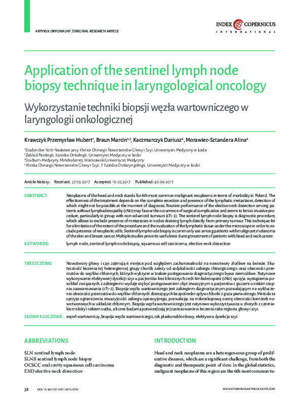 (PDF) Application of the sentinel lymph node biopsy technique in laryngological oncology