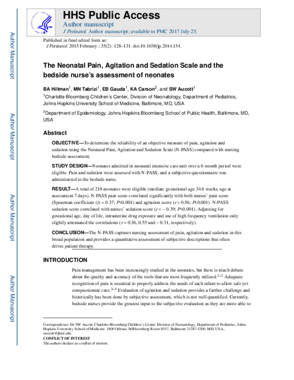(PDF) The Neonatal Pain, Agitation and Sedation Scale and the bedside ...