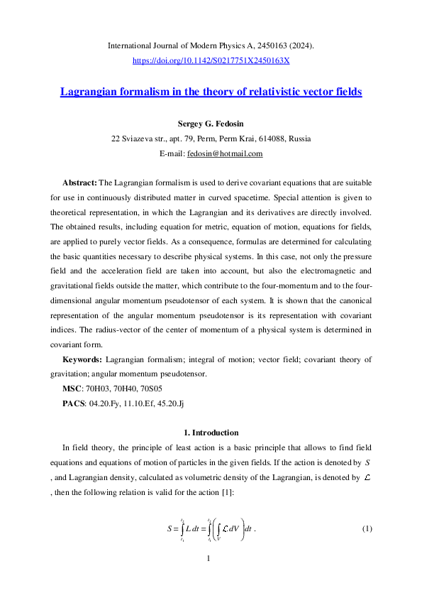(PDF) Lagrangian formalism in the theory of relativistic vector fields