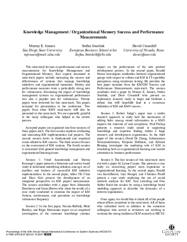 (PDF) Knowledge Management/Organizational Memory Success and Performance Measurements