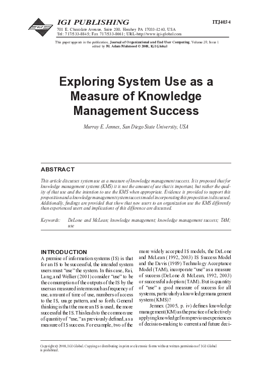 (PDF) Exploring System Use as a Measure of Knowledge Management Success