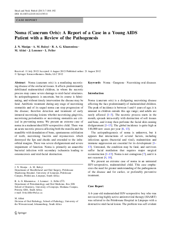 (PDF) Noma (Cancrum Oris): A Report of a Case in a Young AIDS Patient ...