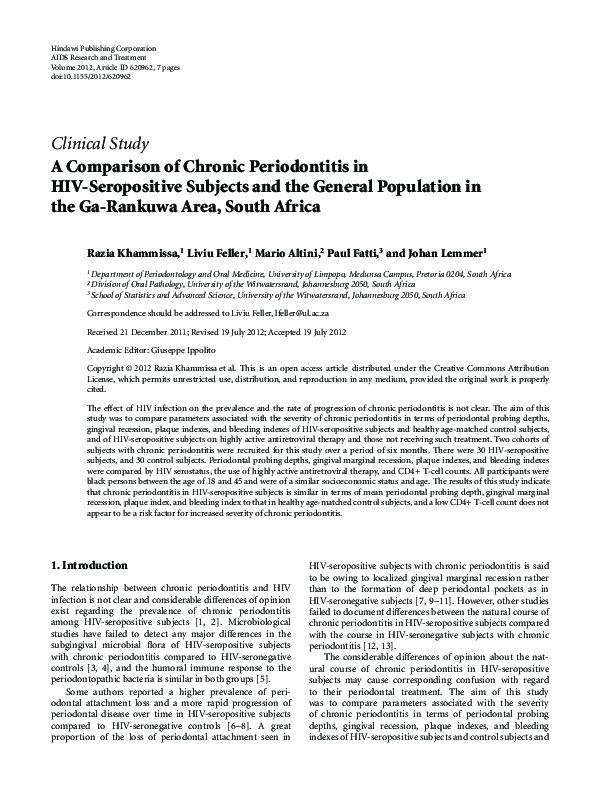 (PDF) A Comparison of Chronic Periodontitis in HIV-Seropositive ...