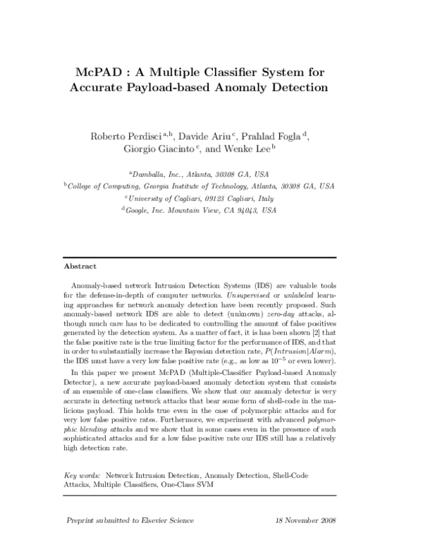 (PDF) McPAD: A multiple classifier system for accurate payload-based anomaly detection
