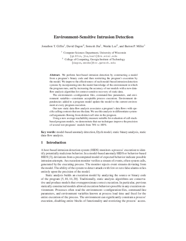 (PDF) Environment-Sensitive Intrusion Detection