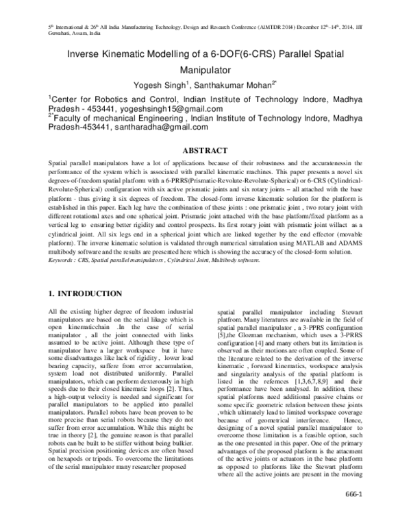 (PDF) Inverse Kinematic Modelling of a 6-DOF(6-CRS) Parallel Spatial Manipulator