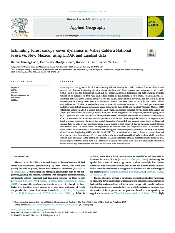 Estimating forest canopy cover dynamics in Valles Caldera National Preserve, New Mexico, using ...