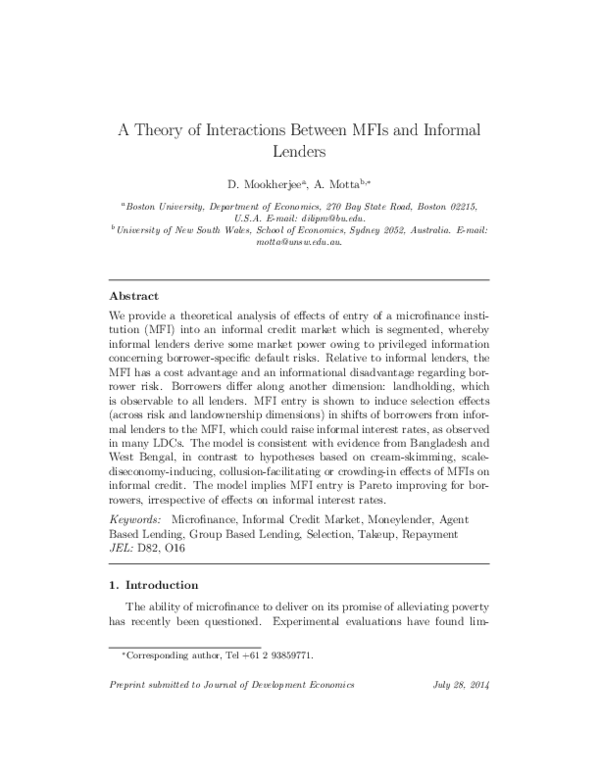 (PDF) A theory of interactions between MFIs and informal lenders