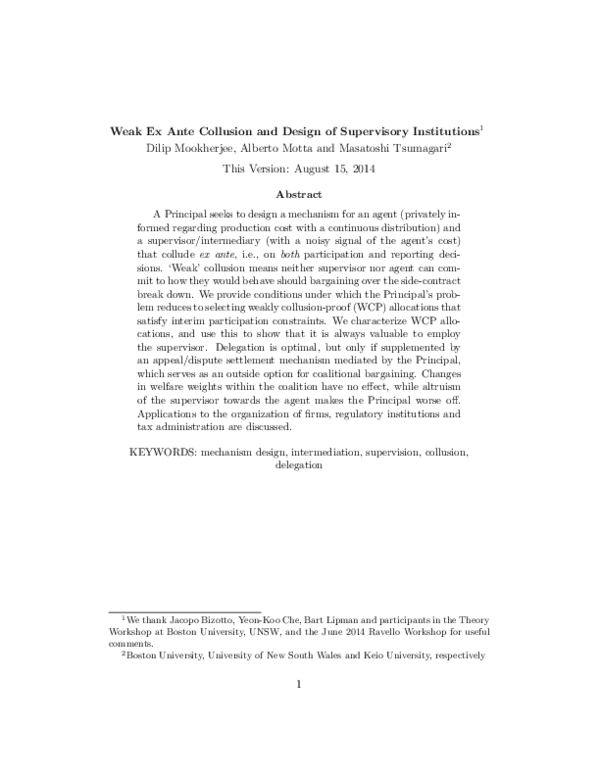 (PDF) Weak Ex Ante Collusion and Design of Supervisory Institutions 1