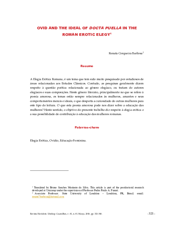 (PDF) Ovid and the Ideal of Docta Puella in the Roman Erotic Elegy