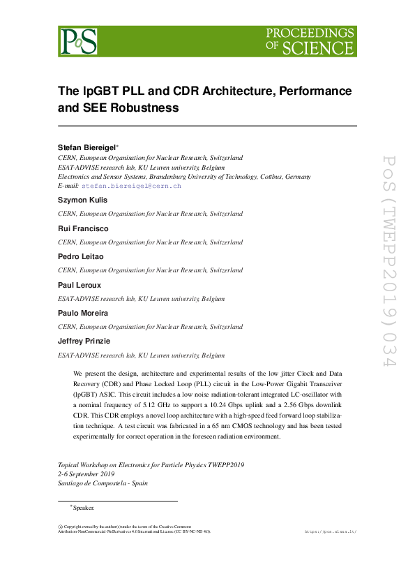 (PDF) The lpGBT PLL and CDR Architecture, Performance and SEE Robustness