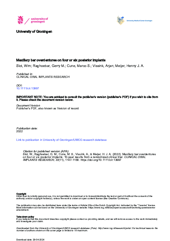 (PDF) Maxillary bar overdentures on four or six posterior implants: 10 ...