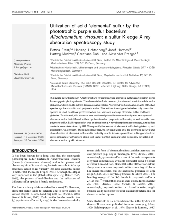 (PDF) Utilization of solid ‘elemental’ sulfur by the phototrophic ...