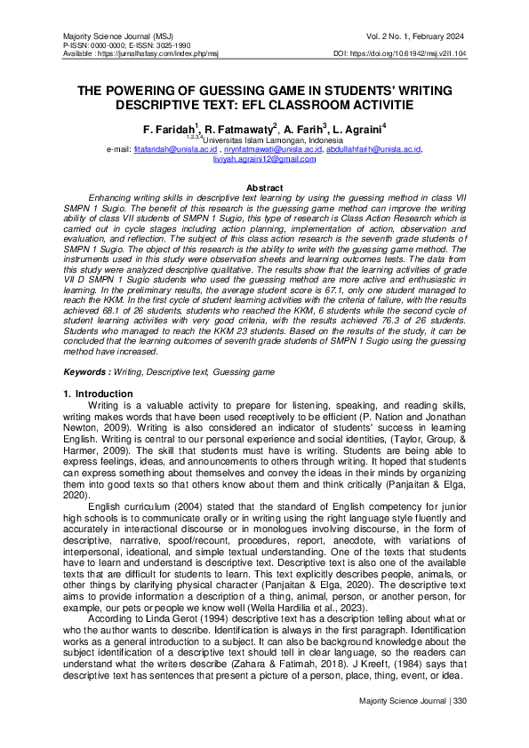 (PDF) The Powering of Guessing Game in Students' Writing Descriptive ...