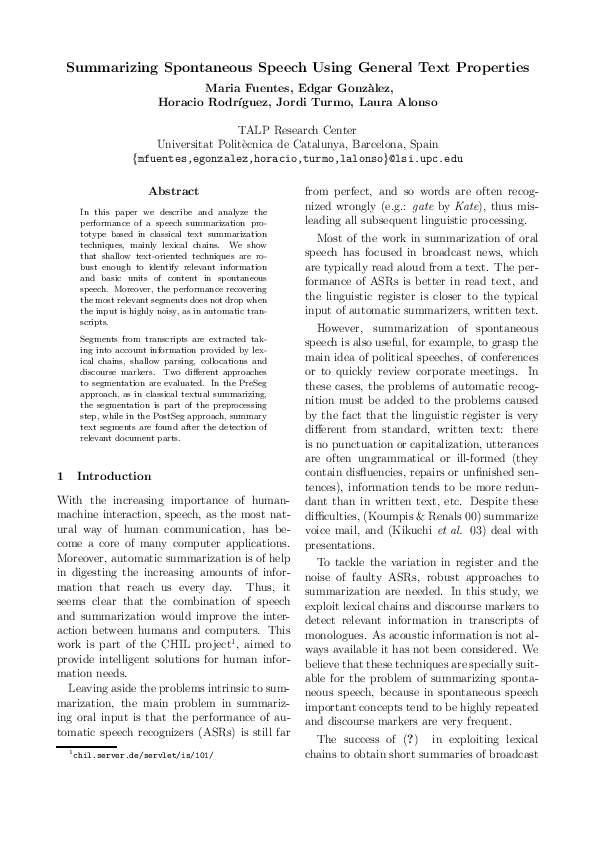 (PDF) Summarizing spontaneous speech using general text properties
