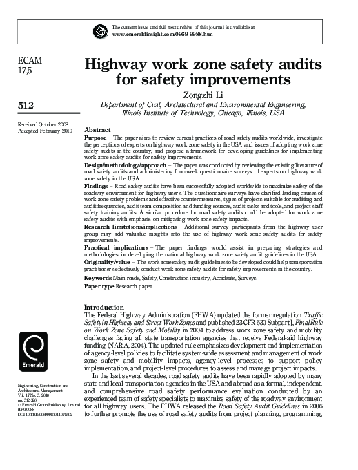 (PDF) Highway work zone safety audits for safety improvements