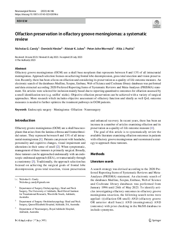 (PDF) Olfaction preservation in olfactory groove meningiomas: a ...