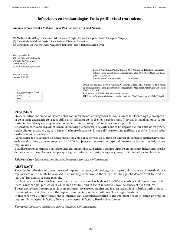 (PDF) Infecciones en implantología: De la profilaxis al tratamiento